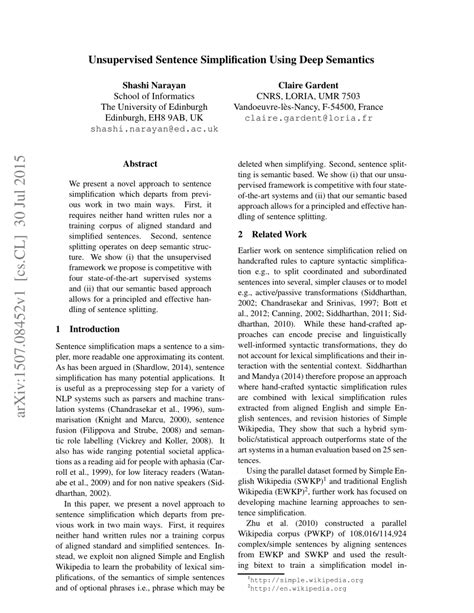 Pdf Unsupervised Sentence Simplification Using Deep Semantics