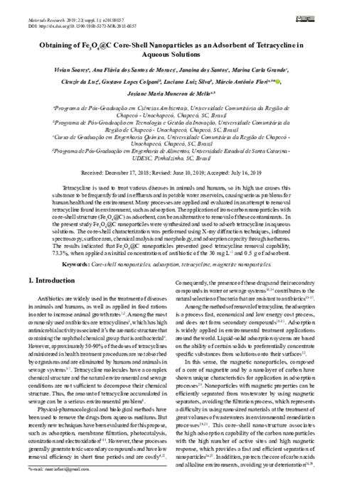 Pdf Obtaining Of Fe3o4 C Core Shell Nanoparticles As An Adsorbent Of Tetracycline In Aqueous