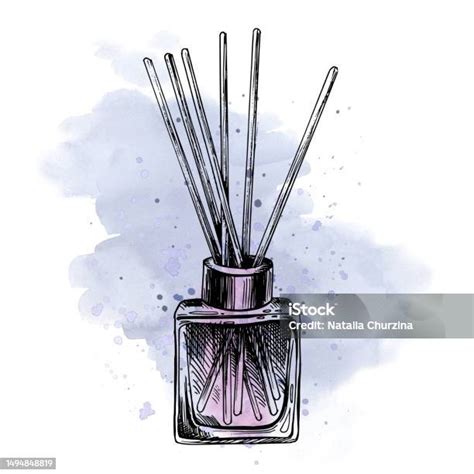 막대기가 있는 아로마 디퓨저 사각 유리병 손으로 그린 그림 라일락 수채화 물감 얼룩과 물보라가 있는 그래픽 흰색 배경에 격리된