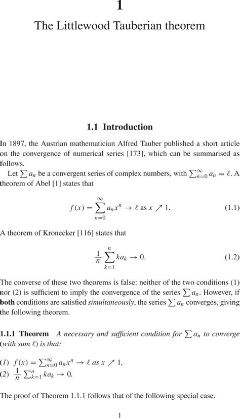 The Littlewood Tauberian Theorem Chapter 1 Twelve Landmarks Of Twentieth Century Analysis