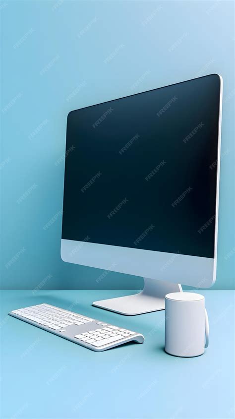 Premium Photo Desktop Computer With Keyboard Mouse And Coffee Cup On Blue Background