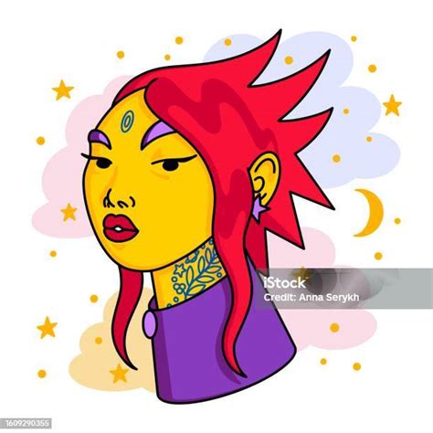 펑크 소녀 초상화 젊은 여성 이마와 목에 꽃 문신이 있는 빨간 머리 아바타 별 모양의 귀걸이 보라색 펑크 스타일 재킷 날카롭고 사납고 반항적입니다 벡터 만화 그림 만화에
