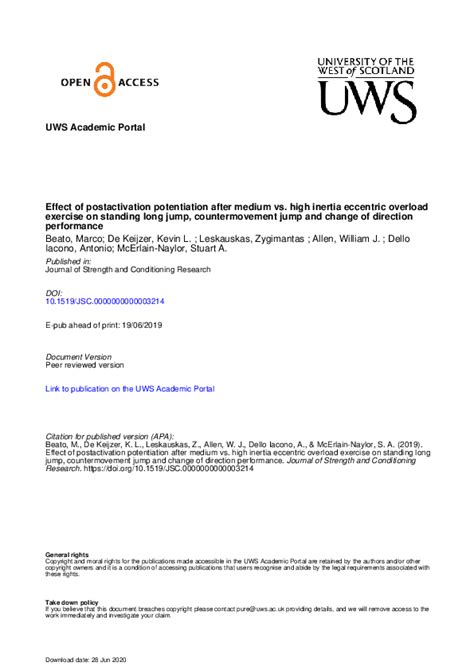 Pdf Effect Of Postactivation Potentiation After Medium Vs High