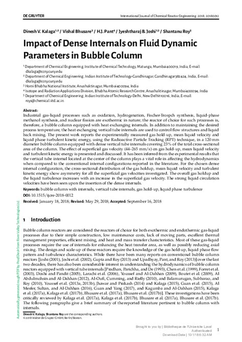 Pdf Impact Of Dense Internals On Fluid Dynamic Parameters In Bubble Column