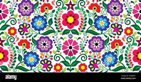 Mexican Traditional Floral Embroidery Style Vector Samless Pattern With