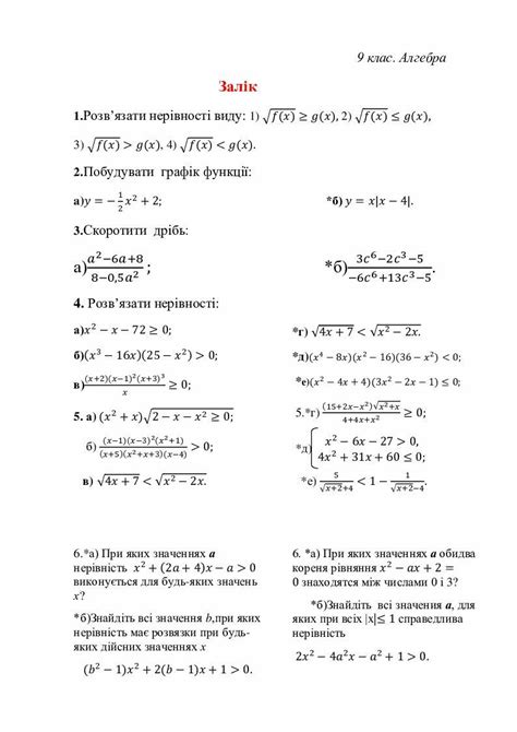 Залік 9 клас Алгебра Квадратична функція поглиблений рівень Інші методичні матеріали Алгебра