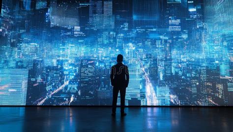 An Individual Analyzes Data On A Large Digital Screen In A Futuristic Cityscape At Night Stock