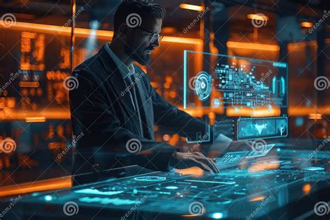 A Businessman Works On A Futuristic Holographic Interface With Data Visualizations Stock