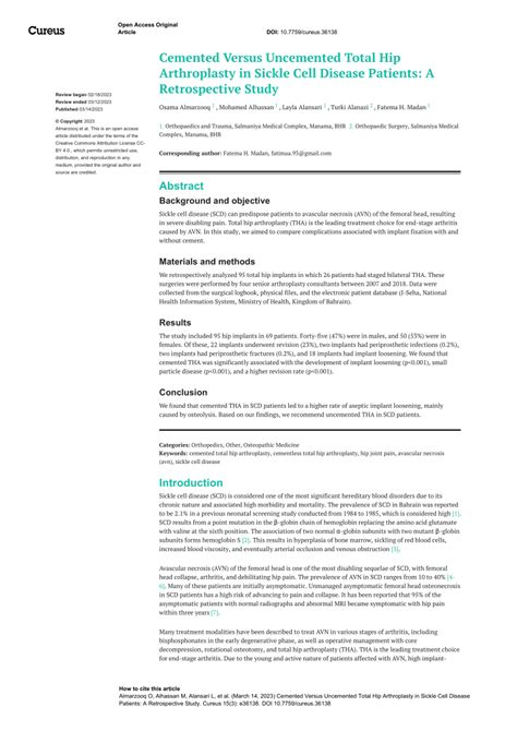 Pdf Cemented Versus Uncemented Total Hip Arthroplasty In Sickle Cell Disease Patients A