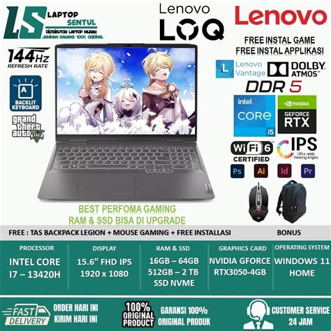 Jual Laptop Gaming Murah Lenovo LOQ Gaming 15 IRH8 INTEL I5 13420H RAM 64GB SSD 2TB RTX3050 6GB