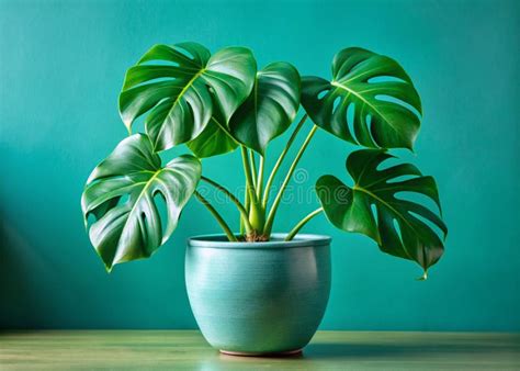 Stunning Monstera Deliciosa In Teal Pot A Panoramic View Against A
