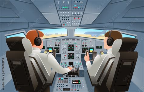 Airplane Cockpit View With Panel Buttons Dashboard Control And Pilots