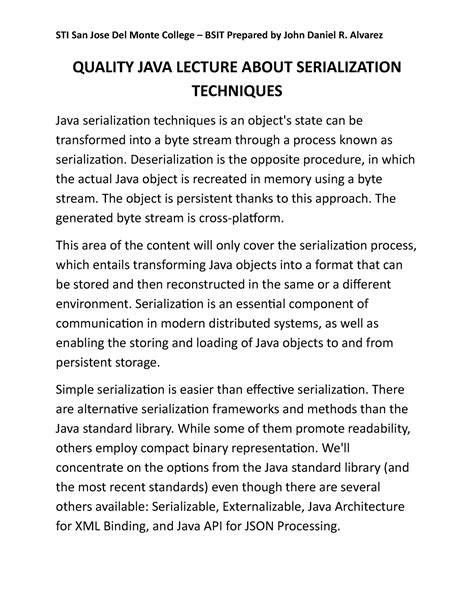 Quality Java Lecture About Serialization Techniques QUALITY JAVA LECTURE ABOUT SERIALIZATION