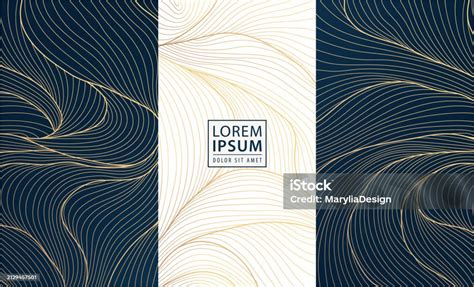 웨이브 라인 골드 배경 바다 멋진 패턴의 벡터 세트입니다 아트 플로우 우아한 질감 일본식 템플릿 와인 패키지 향수 라벨 일러스트 외형선에 대한 스톡 벡터 아트 및 기타
