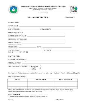 Fillable Online APPLICATION FORM Appendix Usamvcluj Ro Fax Email Print PdfFiller