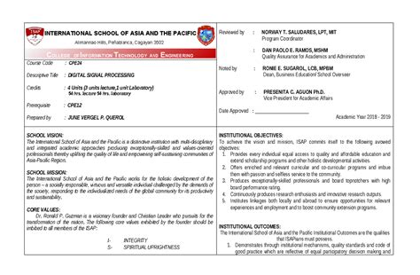 Digital Signal Processing Syllabus International School Of Asia And The Pacific Alimannao