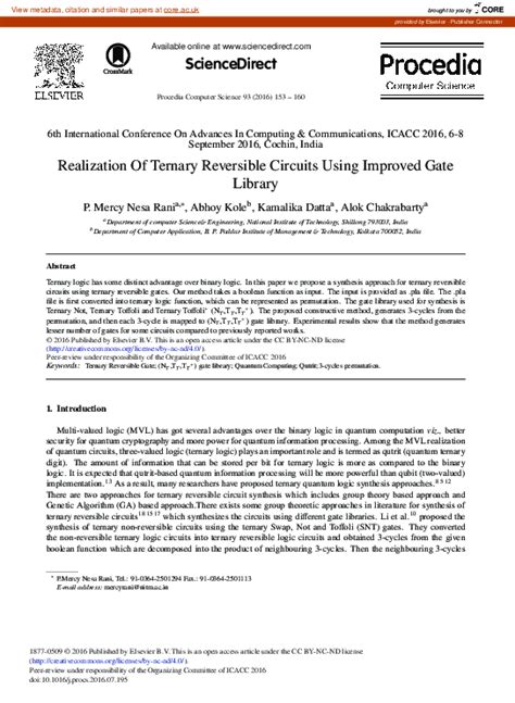 Pdf Realization Of Ternary Reversible Circuits Using Improved Gate