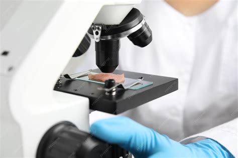 Premium Photo Scientist Inspecting Meat Sample With Microscope In Laboratory Closeup Poison