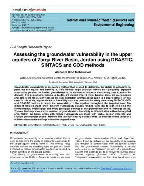Pdf Assessing The Groundwater Vulnerability In The Upper Aquifers Of