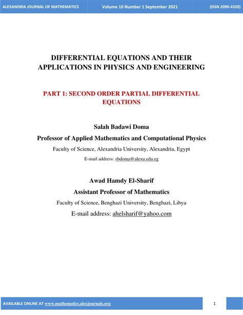 Pdf Differential Equations And Their Applications In Physics And Engineering Part 1 Second