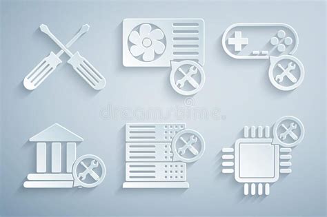 Set Database Server Service Gamepad Bank Building Processor Air Conditioner And Crossed