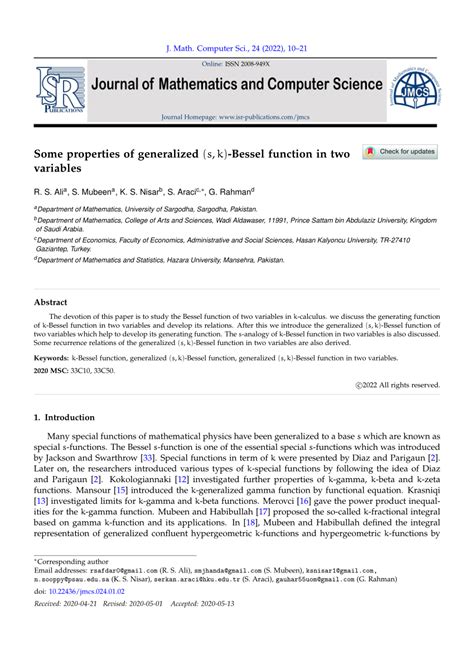 Pdf Some Properties Of Generalized S K Bessel Function In Two Variables