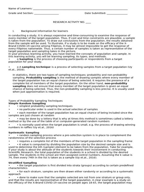 Sampling Types Activity Pdf Sampling Statistics Research Methods