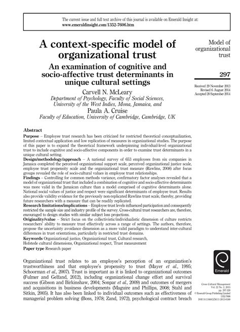 Pdf A Context Specific Model Of Organizational Trust An Examination Of Cognitive And Socio
