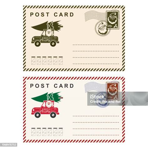크리스마스 엽서 스탬프 산타 클로스 자동차와 나무 흰색 배경에 고립 된 벡터 템플릿 휴일 편지입니다 크리스마스에 대한 스톡 벡터 아트 및 기타 이미지 Istock