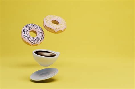 달콤한 스낵 노란색 배경에 여러 가지 색의 유약이있는 차와 도넛 한 잔 붙여 넣기를 복사하십시오 3d 렌더링 건강에 좋지 않은