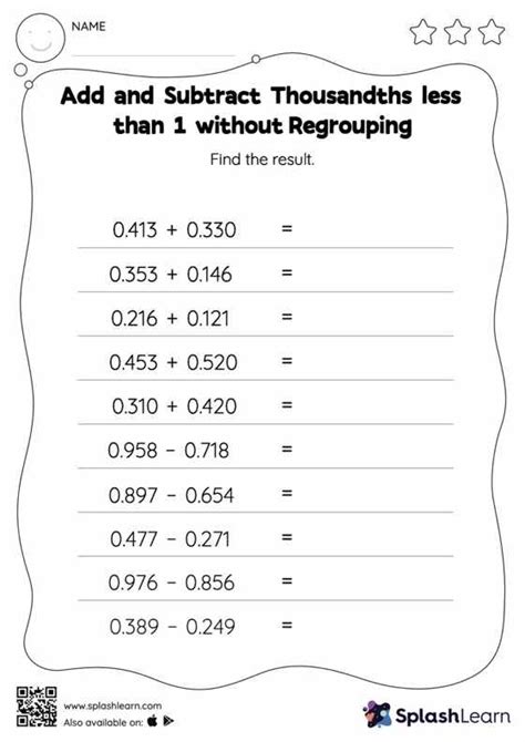 Add And Subtract Thousandths Less Than 1 Without Regrouping Horizontal