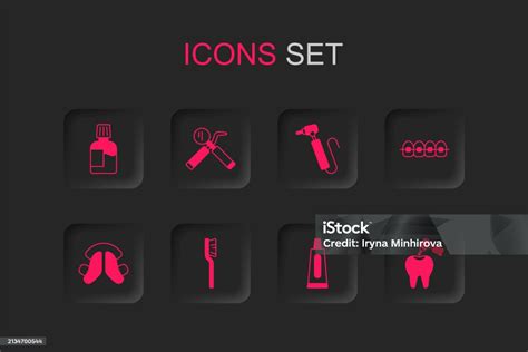 칫솔 치과 거울 및 프로브 구강 세정제 치약 튜브 교정기가 있는 치아 충치 드릴 및 플레이트 아이콘을 설정합니다 벡터 건강