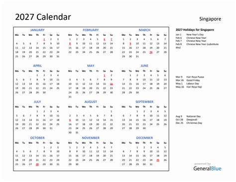2027 Singapore Calendar With Holidays