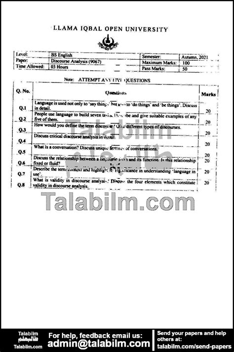 Discourse Analysis Code No 9067 Autumn 2021 Past Papers Aiou Talabilm