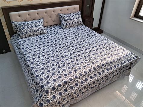 King Size Bedsheet With Pillow Covers Hand Block Print Bedspread