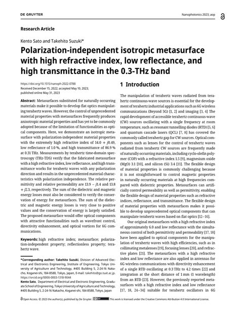 Pdf Polarization Independent Isotropic Metasurface With High Refractive Index Low Reflectance