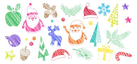 크리스마스 크레용 낙서 아이콘 크리스마스 겨울 분필 라인 세트 휴일 장식 브러쉬 손으로 그린 벽지 산타 클로스 선물 사탕 콘 순록 공 눈송이 모자 전나무 소나무 계절 벡터