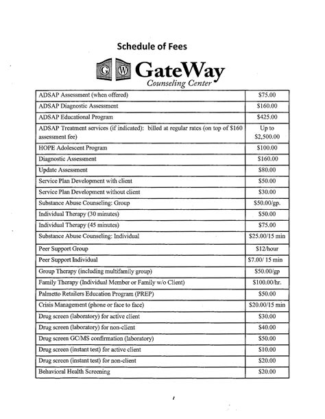 Fee Schedule Gateway Counseling