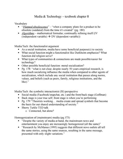 Week 11 Soci 101 Lecture Notes 11 Media And Technology Textbook Chapter 8 Vocabulary