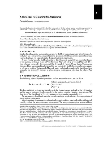 Oconnor A Historical Note On The Fisher Yates Shuffle Algorithm Oconnor A Historical Note On The Fisher Yates Shuffle Algorithm
