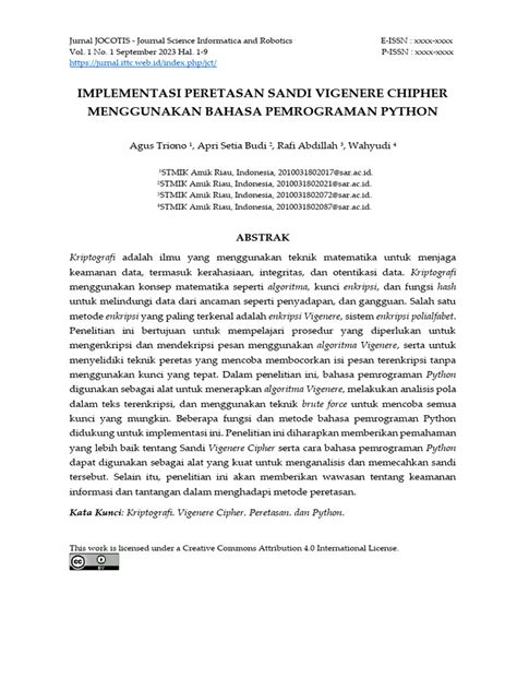 Implementasi Peretasan Sandi Vigenere Chipher Menggunakan Bahasa Pemrograman Python 1 Pdf