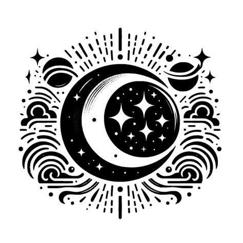 Celestial Monochrome Illustration Of A Crescent Moon Enclosing Stars Surrounded By Planets