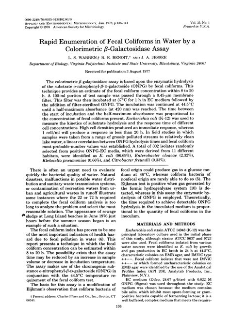 Pdf Rapid Enumeration Of Fecal Coliforms In Water By A Colorimetric Beta Galactosidase Assay