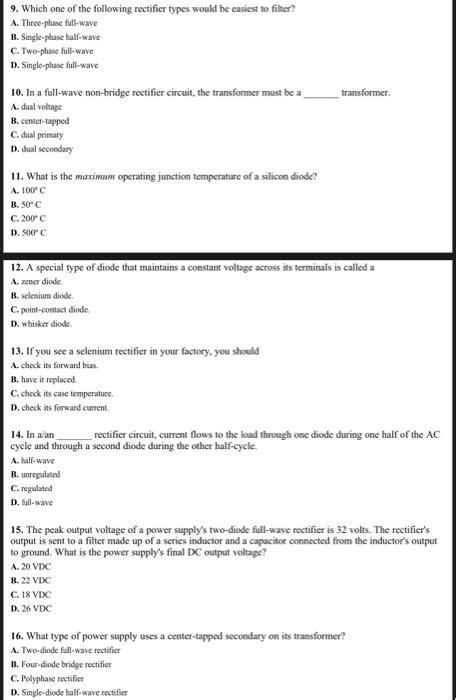 Solved 9 Which One Of The Following Rectifier Types Would Chegg Com