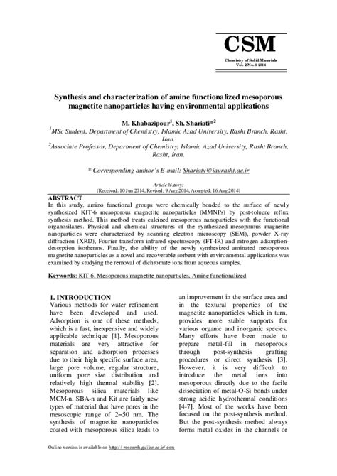Pdf Synthesis And Characterization Of Amine Functionalized Mesoporous Magnetite Nanoparticles