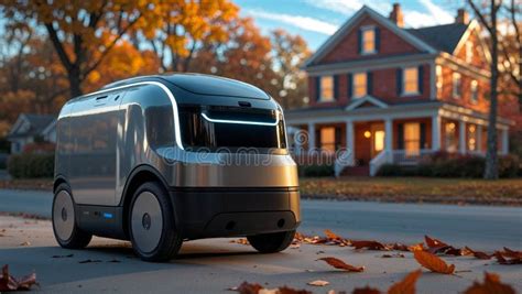 robot delivery device stands on a suburban street in front of a red