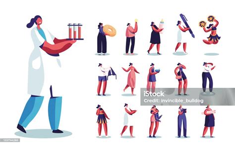 여성 캐릭터 간호사 캐리 테스트 튜브의 세트 거대한 도넛여자와 여자 우유 병을 가진 어머니 펜과 사업가 가족에 대한 스톡 벡터