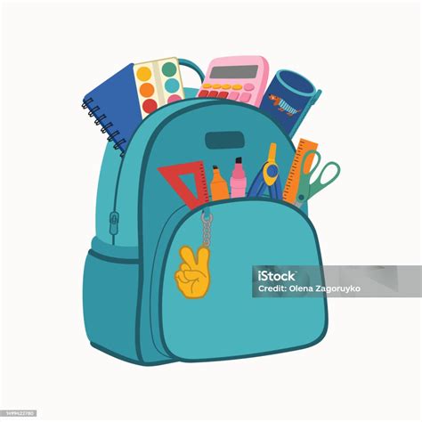 학생을 위한 문구류가 있는 학교 배낭 계산기 페인트 마커 가위 책 필통이 든 가방 0명에 대한 스톡 벡터 아트 및 기타 이미지