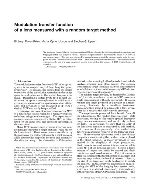 Pdf Modulation Transfer Function Of A Lens Measured With A Random Target Method