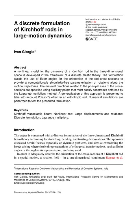 pdf a discrete formulation of kirchhoff rods in large motion dynamics